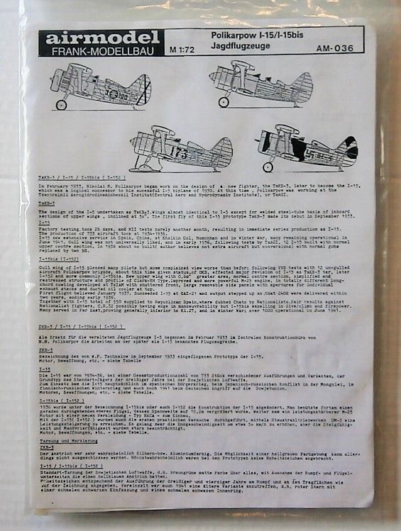 Polikarpov I-15- I-15bis Fighter 1/72 Scale Plastic Vacuform Model Kit